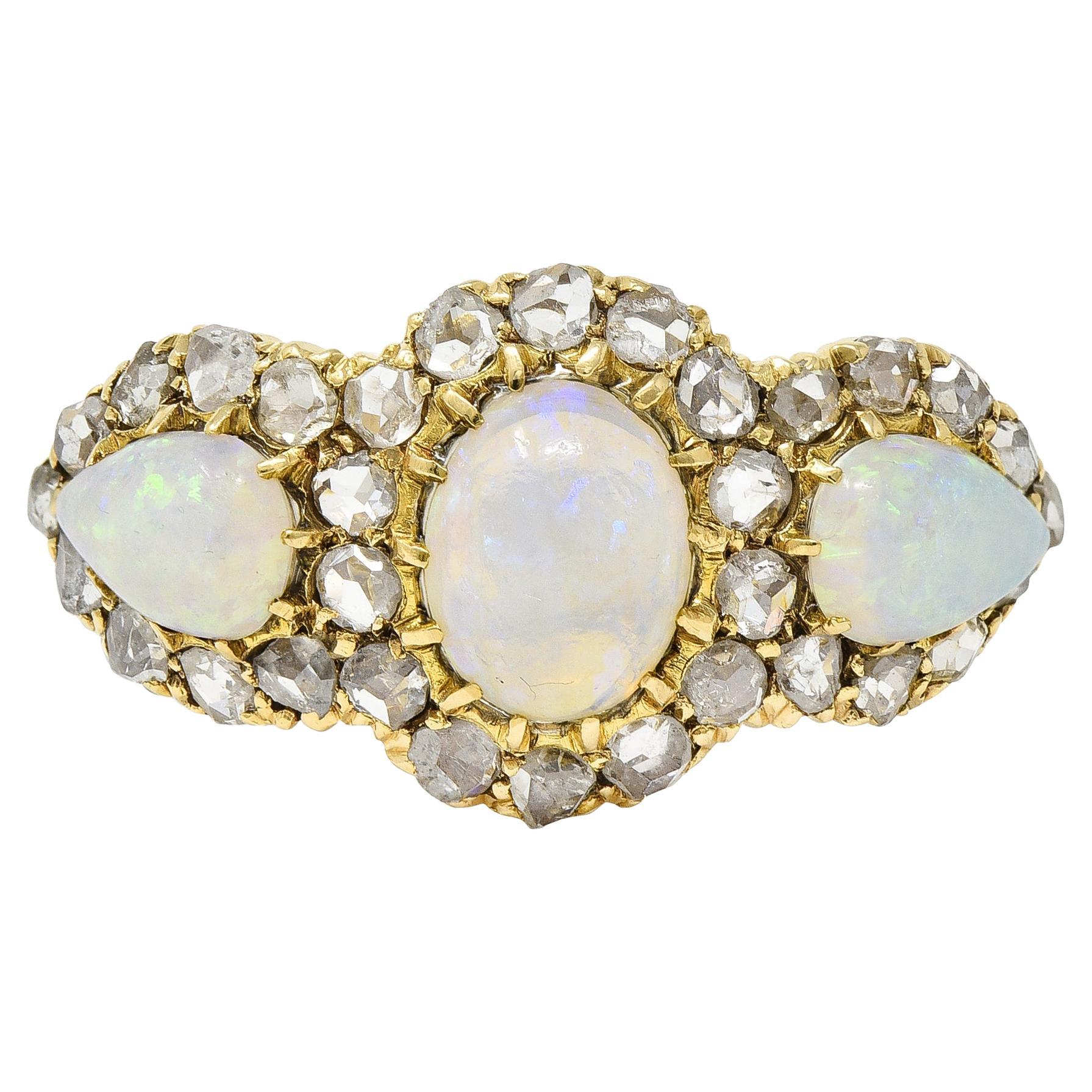 Victorian Opal Diamond 18 Karat Gold Three Stone Antique Halo Cluster ...