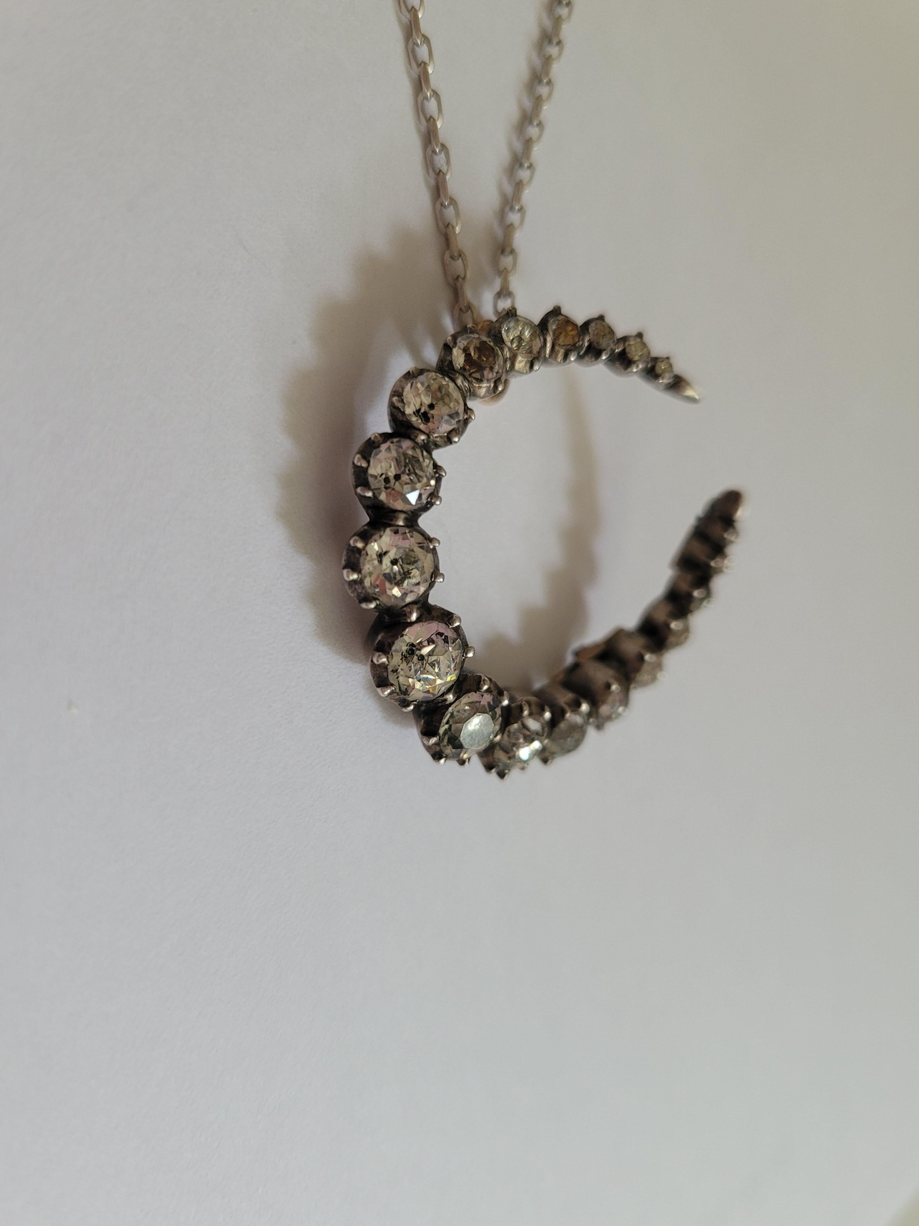 Victorian Paste Silver Crescent Moon Pendant Necklace For Sale at 1stDibs