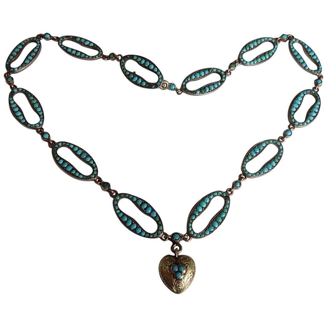 Victorian Pave Turquoise Link Heart Silver Necklace For Sale at 1stDibs
