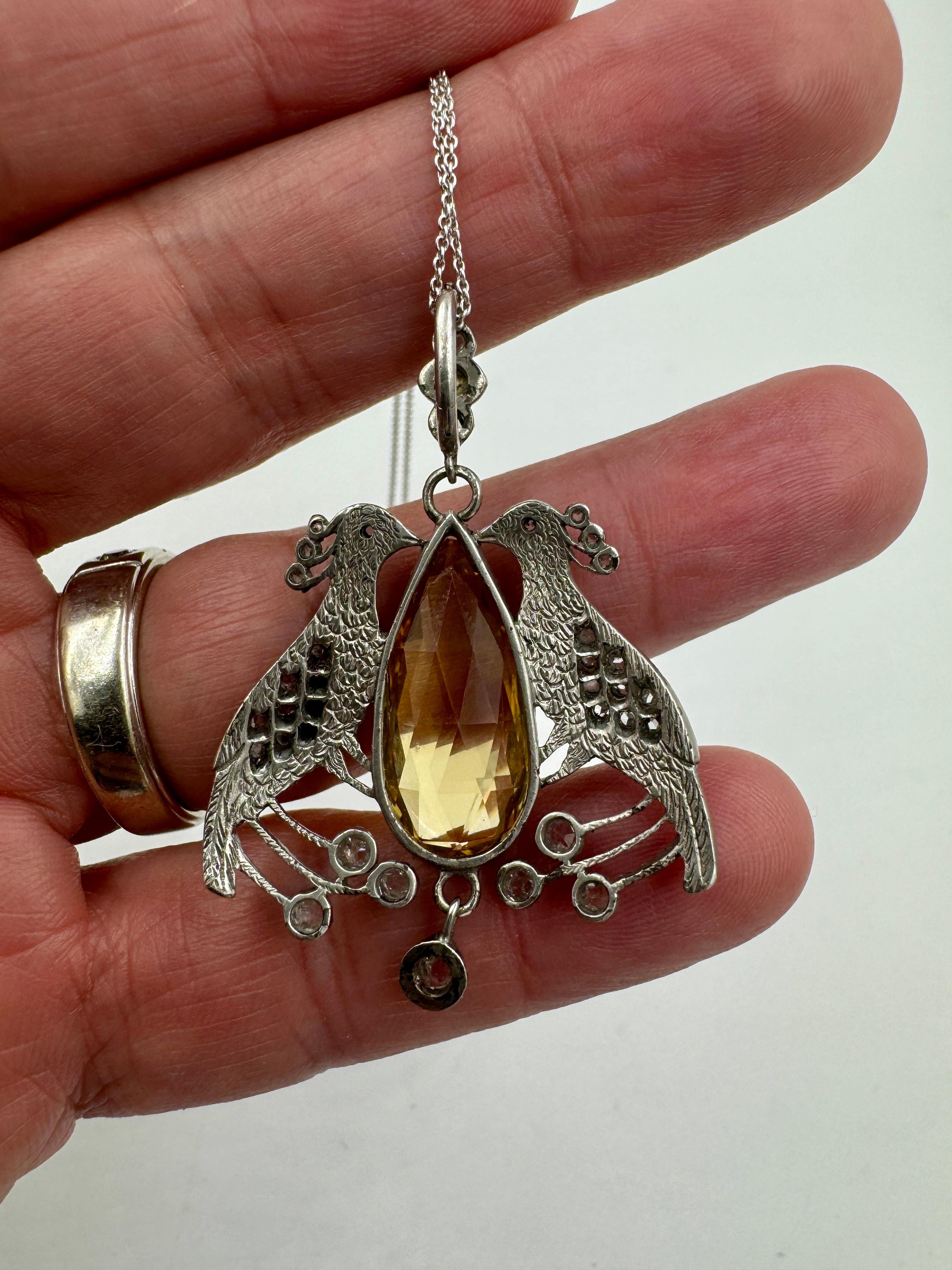 Victorian Peacock Birds Citrine Diamond Pendant Necklace Circa 1890s ...