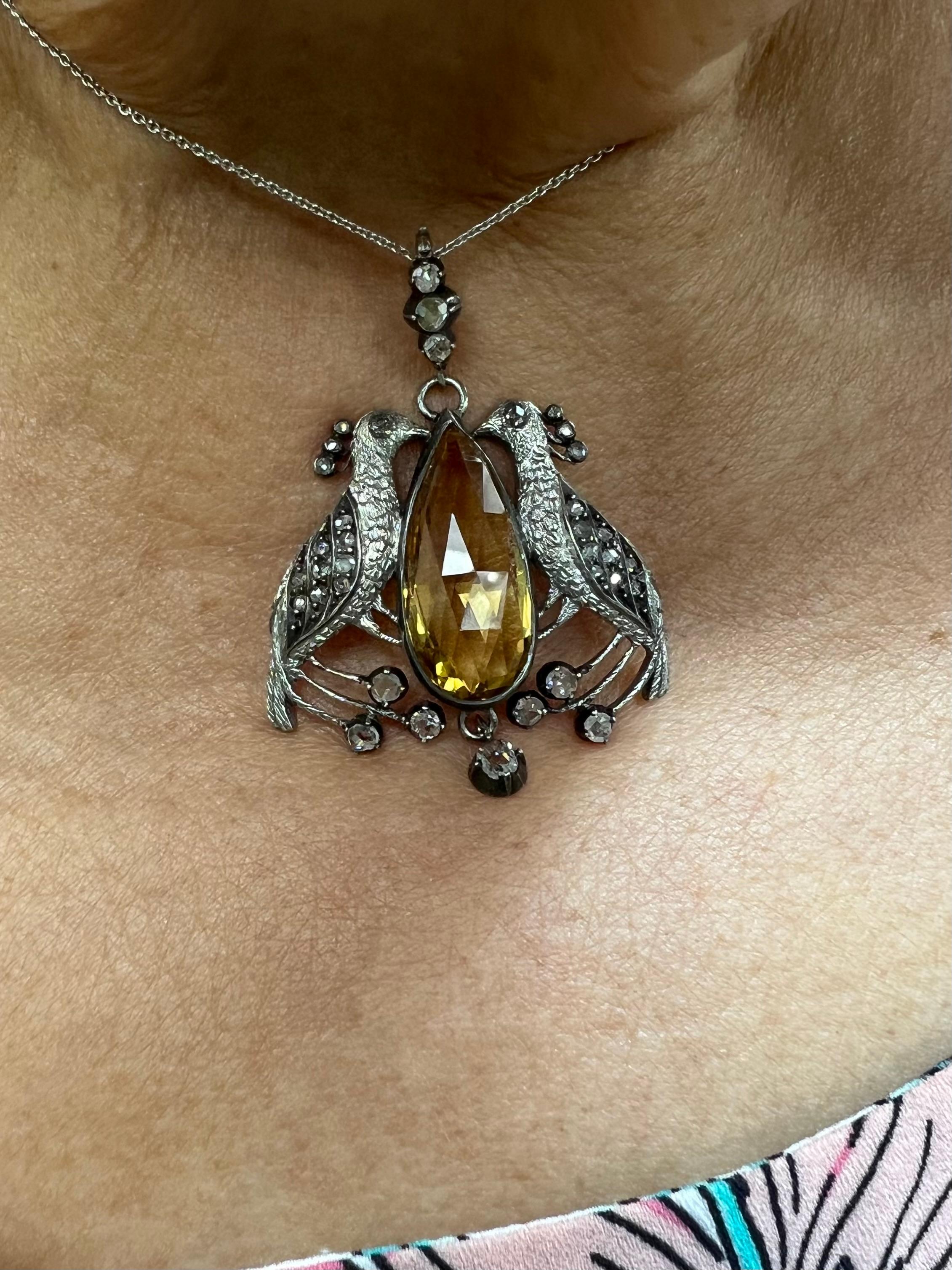 Victorian Peacock Birds Citrine Diamond Pendant Necklace Circa 1890s ...
