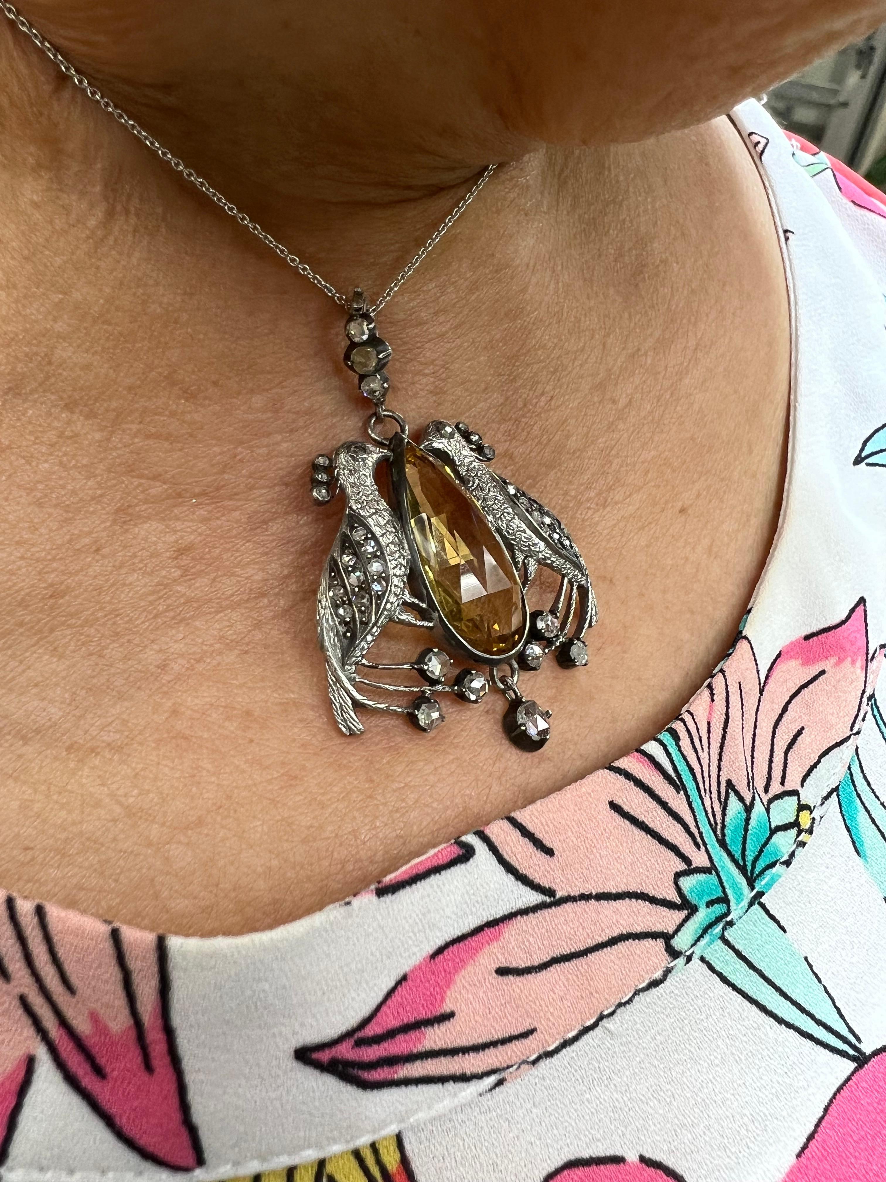 Victorian Peacock Birds Citrine Diamond Pendant Necklace Circa 1890s ...