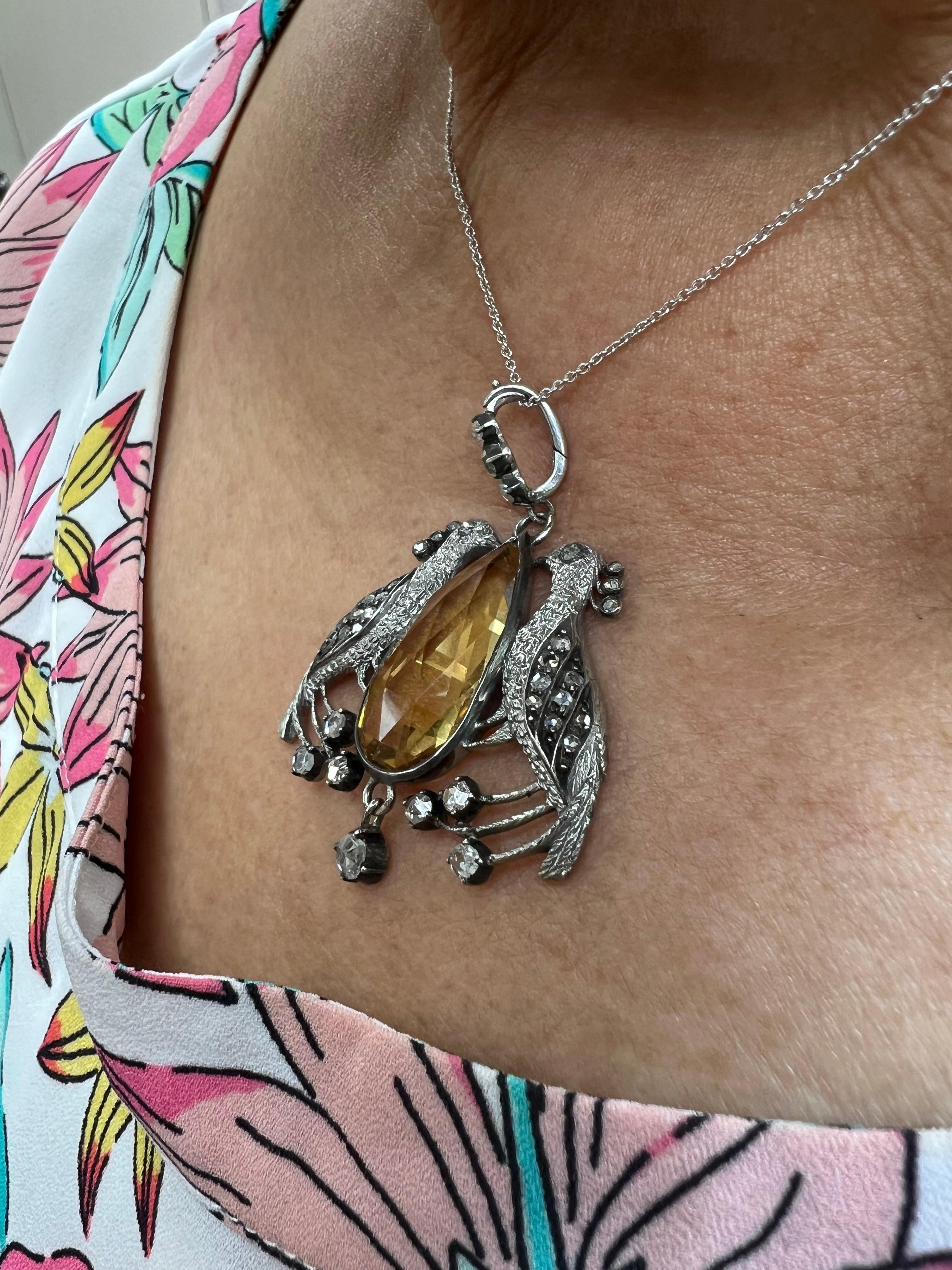 Victorian Peacock Birds Citrine Diamond Pendant Necklace Circa 1890s ...