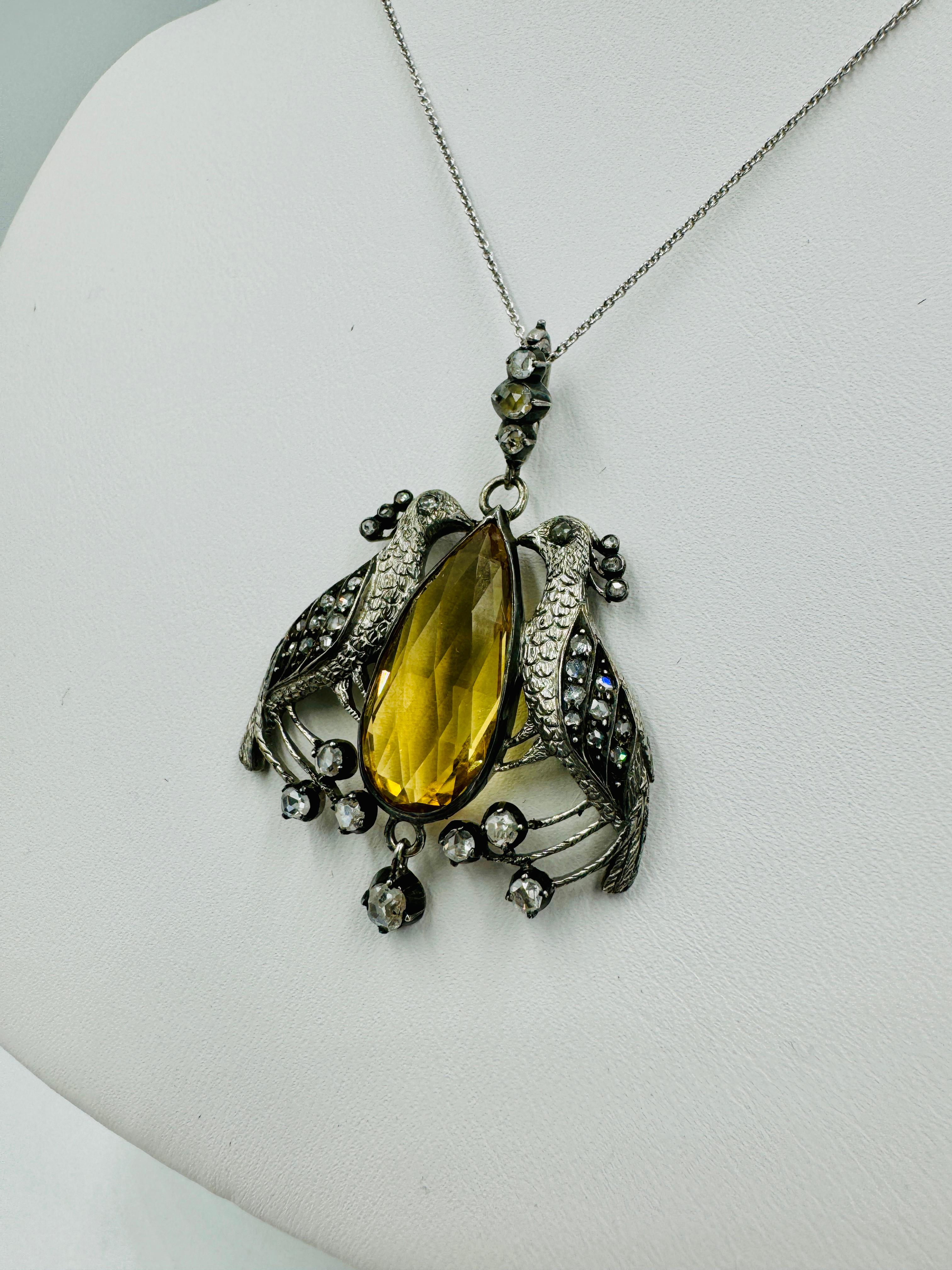 Victorian Peacock Birds Citrine Diamond Pendant Necklace Circa 1890s ...