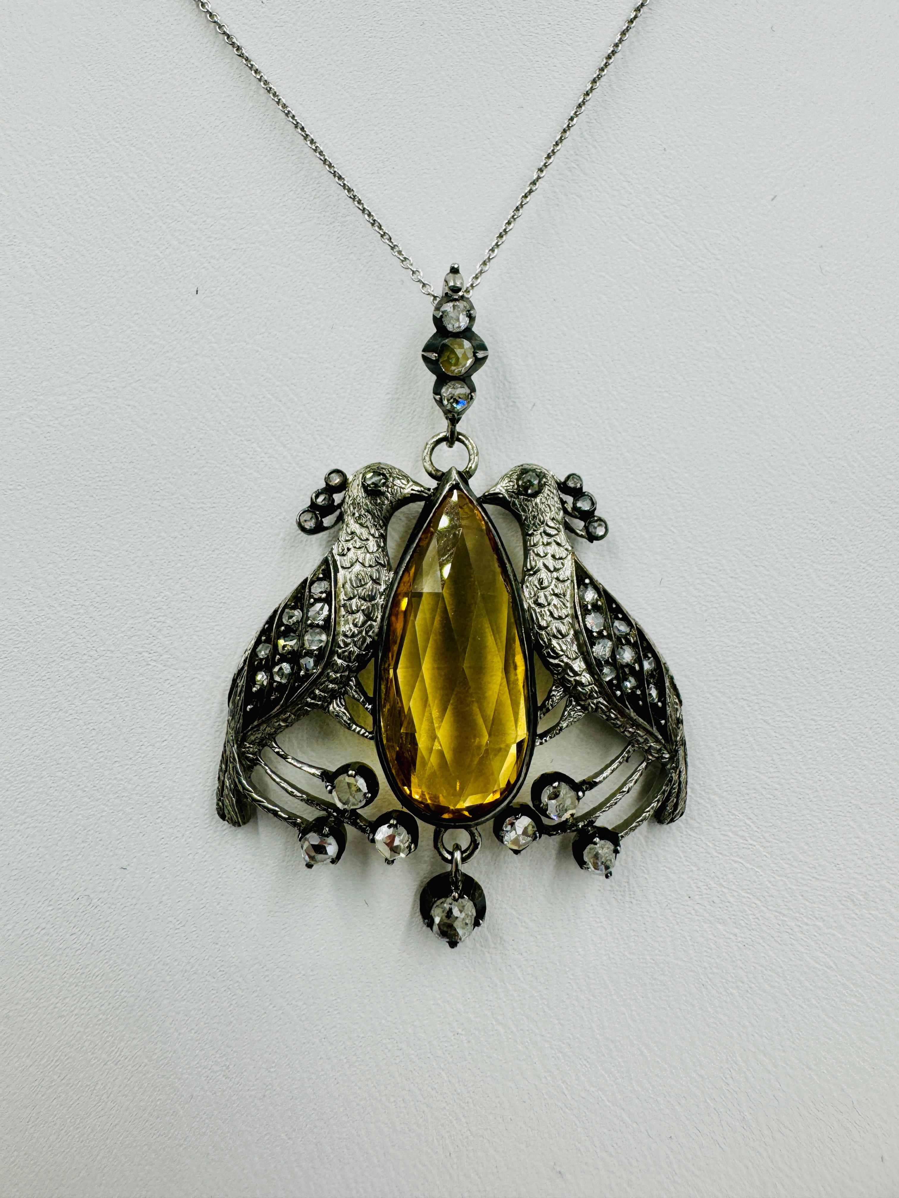 Victorian Peacock Birds Citrine Diamond Pendant Necklace Circa 1890s ...