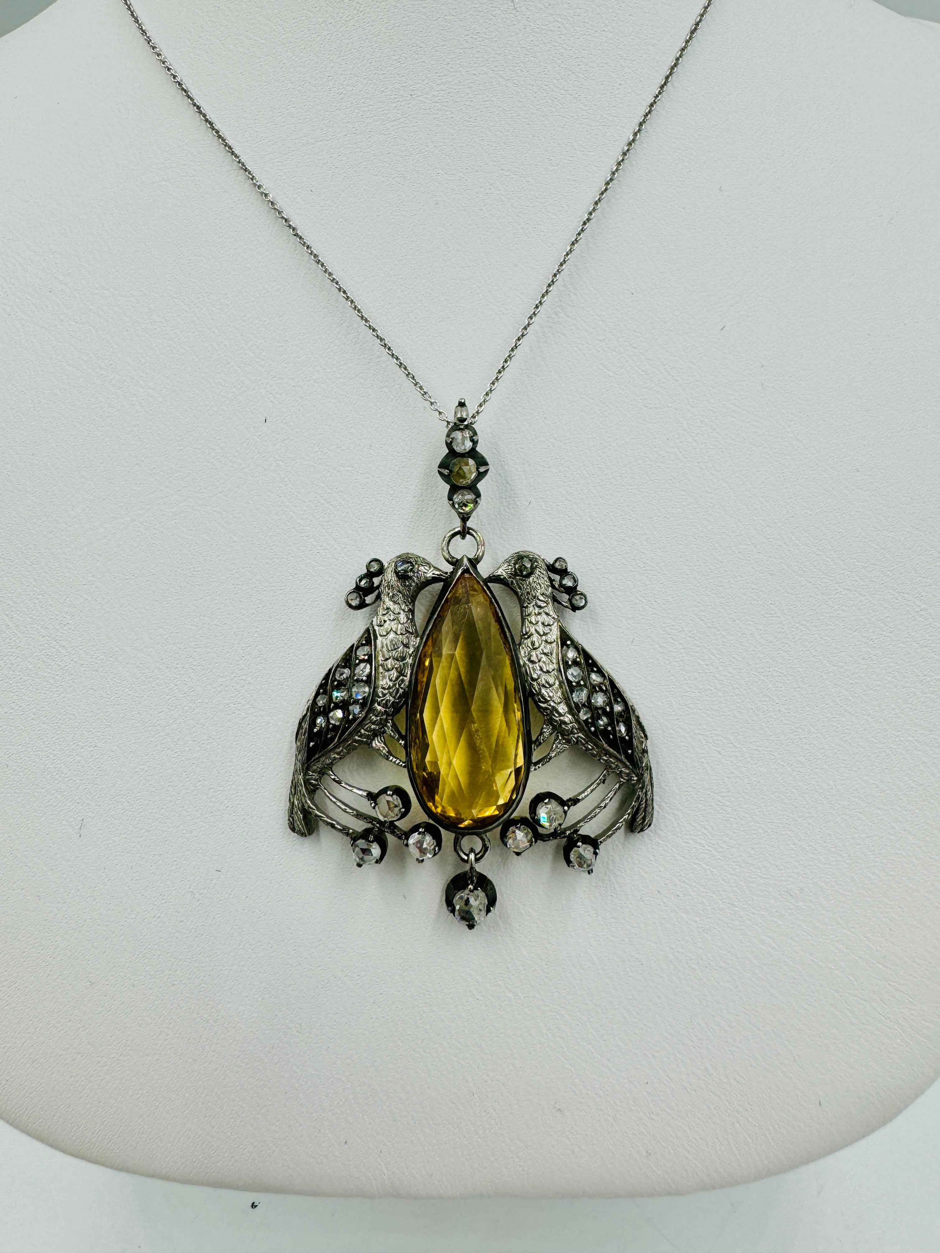 Victorian Peacock Birds Citrine Diamond Pendant Necklace Circa 1890s ...