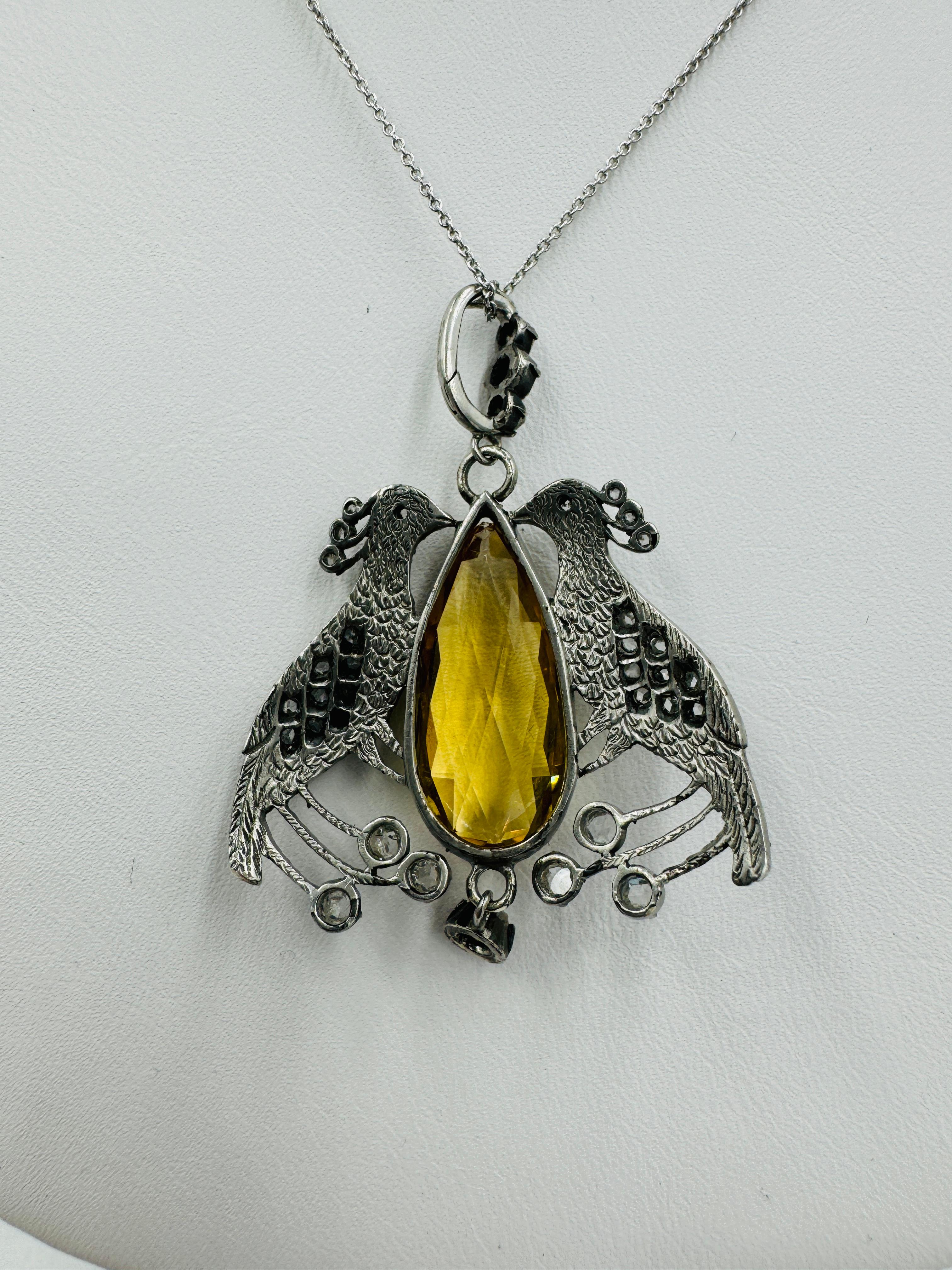 Victorian Peacock Birds Citrine Diamond Pendant Necklace Circa 1890s ...