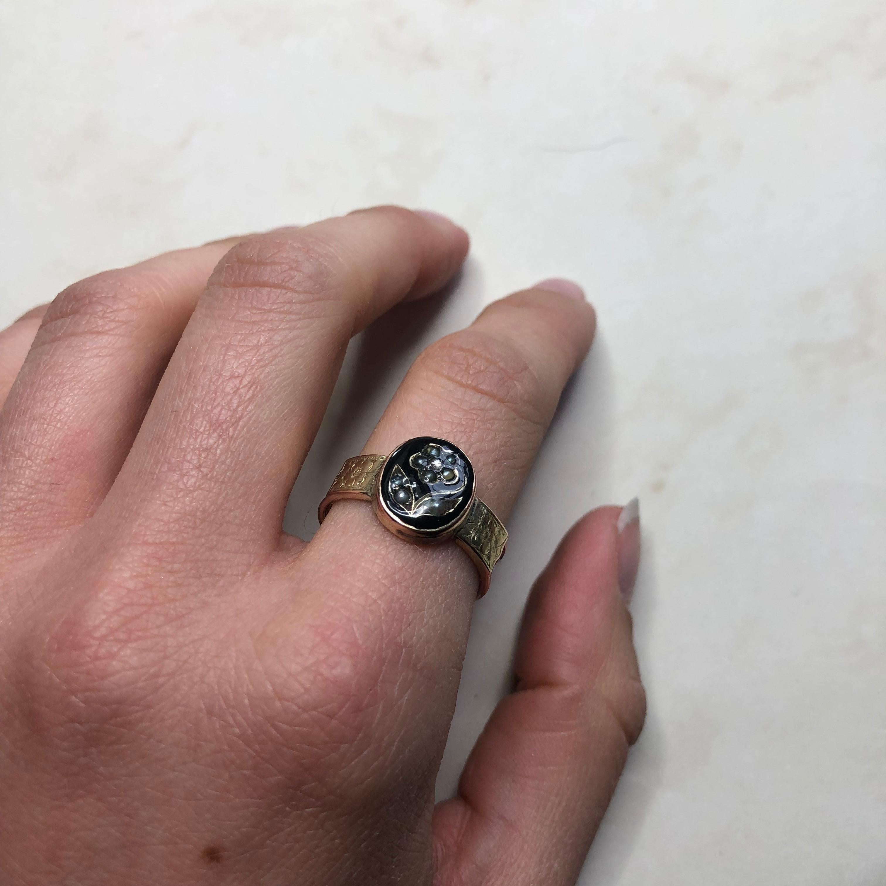 Victorian Pearl and Enamel 9 Carat Gold Forget Me Not Mourning Ring at ...