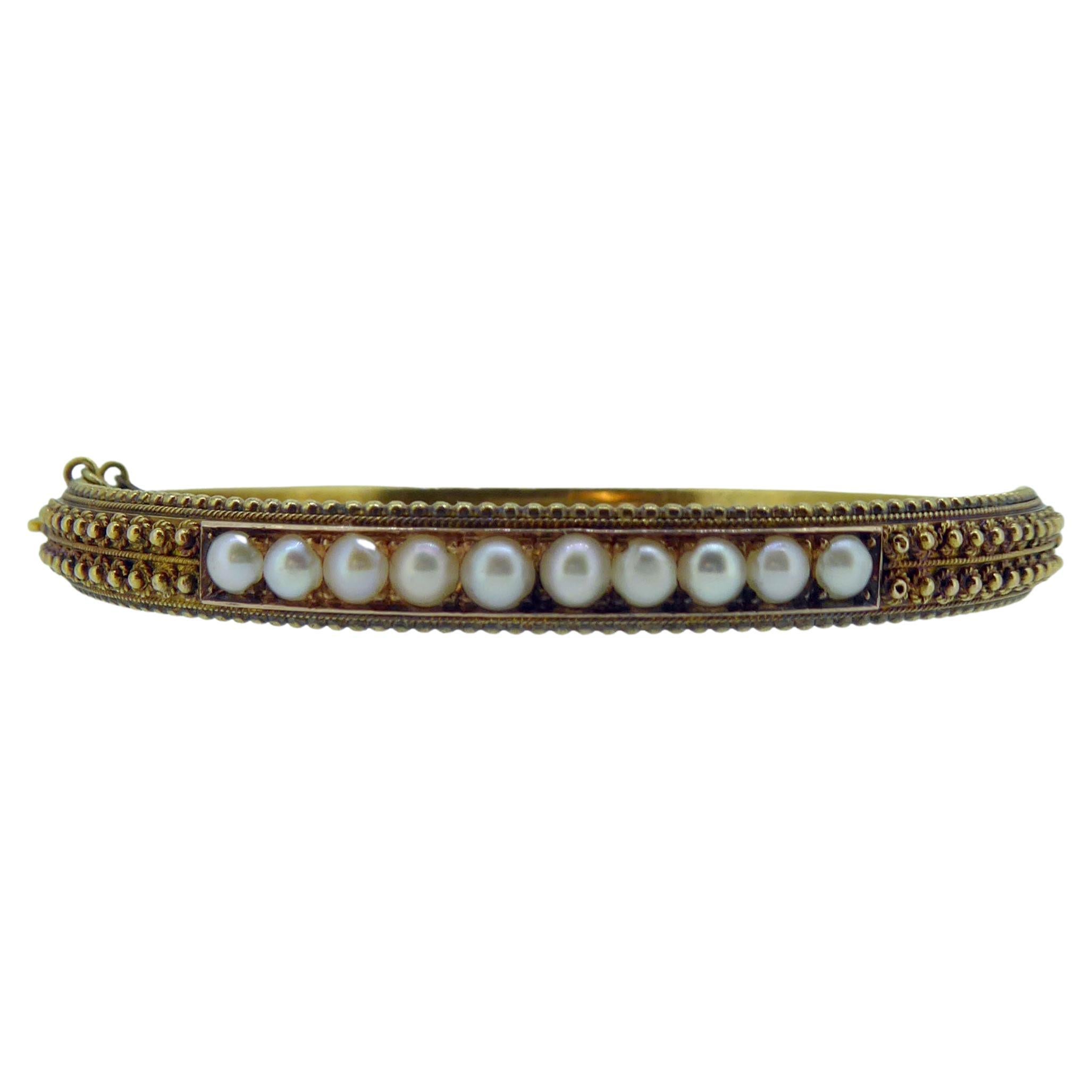 Victorian Diamond and Pearl Double Cluster Bangle For Sale at 1stDibs