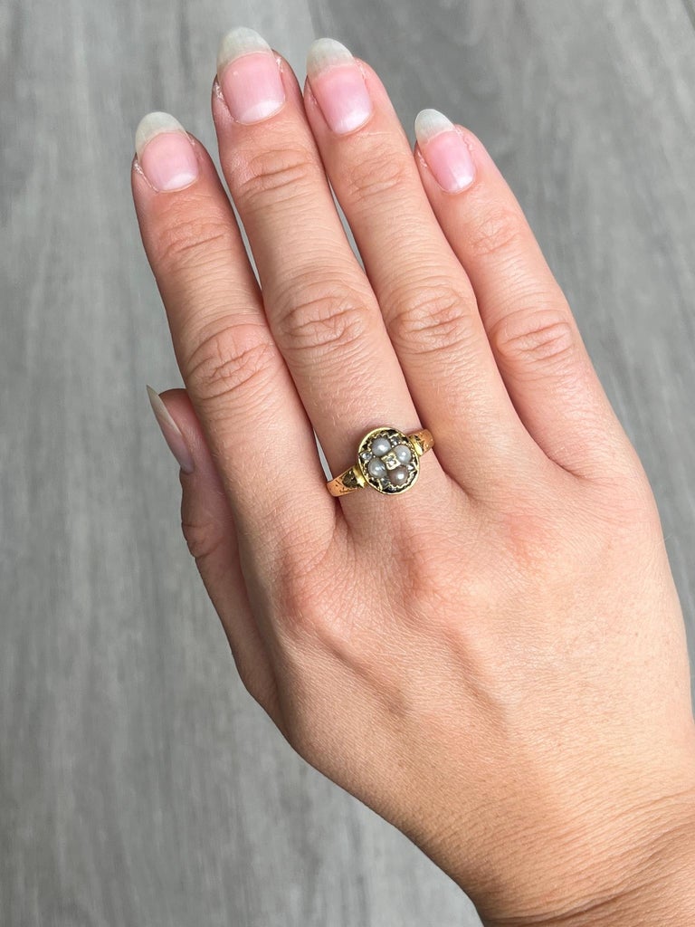Victorian Pearl, Diamond and Enamel 18 Carat Gold Mourning Ring For ...