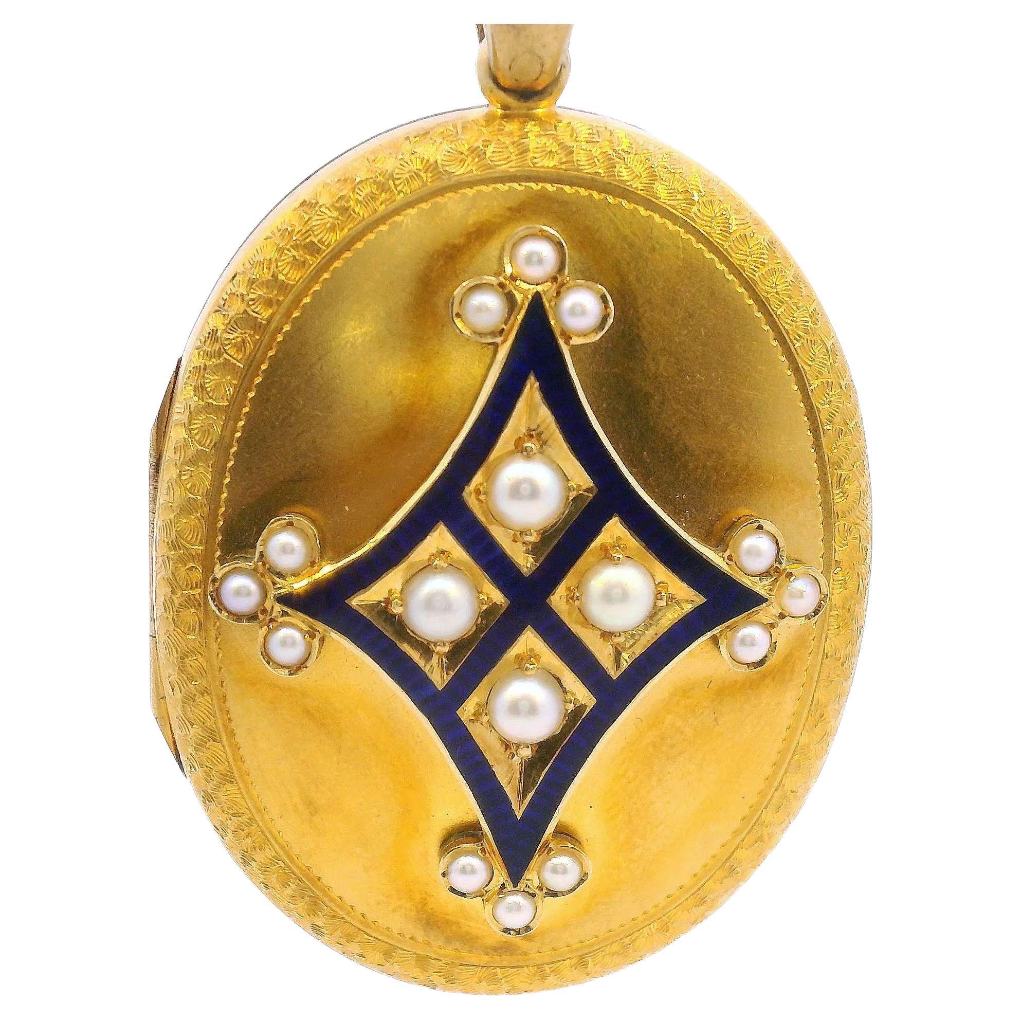Victorian Pearl Locket With Blue Enamel in 18K Yellow Gold For Sale at ...