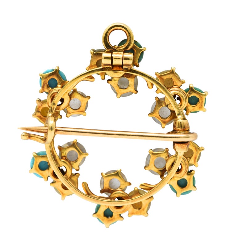 Victorian Pearl Moonstone Turquoise Clover 14 Karat Yellow Gold Pendant ...