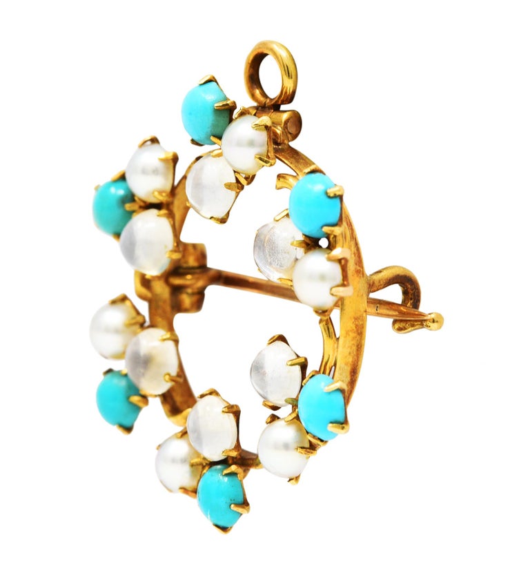 Victorian Pearl Moonstone Turquoise Clover 14 Karat Yellow Gold Pendant ...