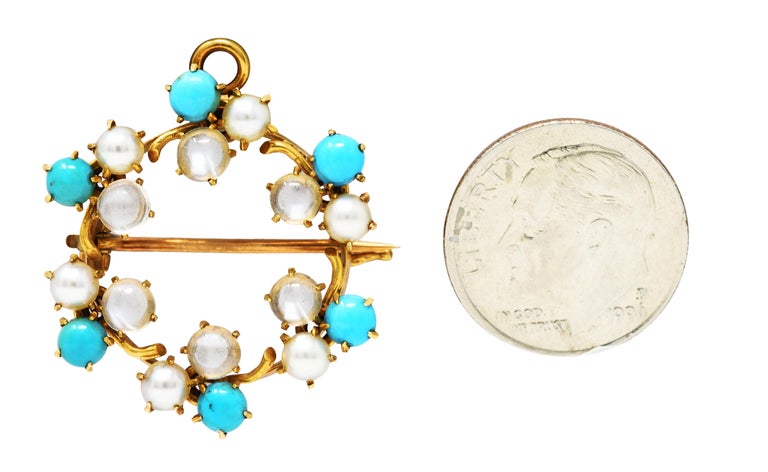 Victorian Pearl Moonstone Turquoise Clover 14 Karat Yellow Gold Pendant ...