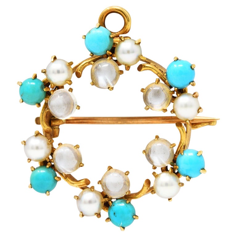 Victorian Pearl Moonstone Turquoise Clover 14 Karat Yellow Gold Pendant ...