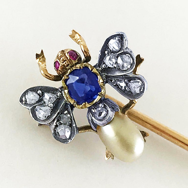 Victorian Pearl Sapphire Ruby Diamond Bee/Insect/Bug Stick Pin, circa ...
