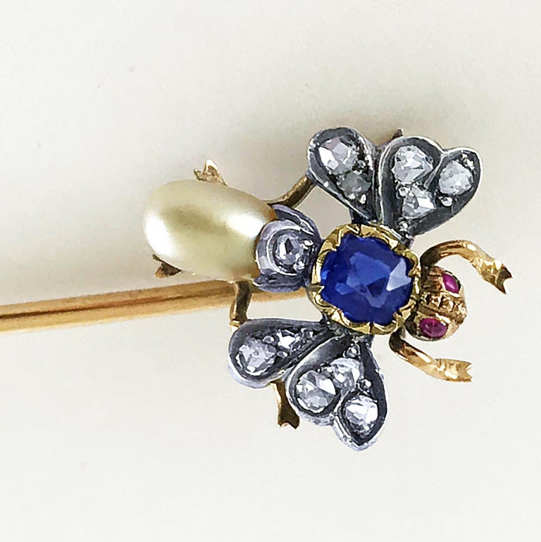 Victorian Pearl Sapphire Ruby Diamond Bee/Insect/Bug Stick Pin, circa ...