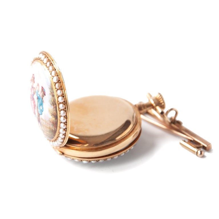 18 Karat Yellow Gold Pearls Enamel Ladies Pocket Watch at 1stDibs