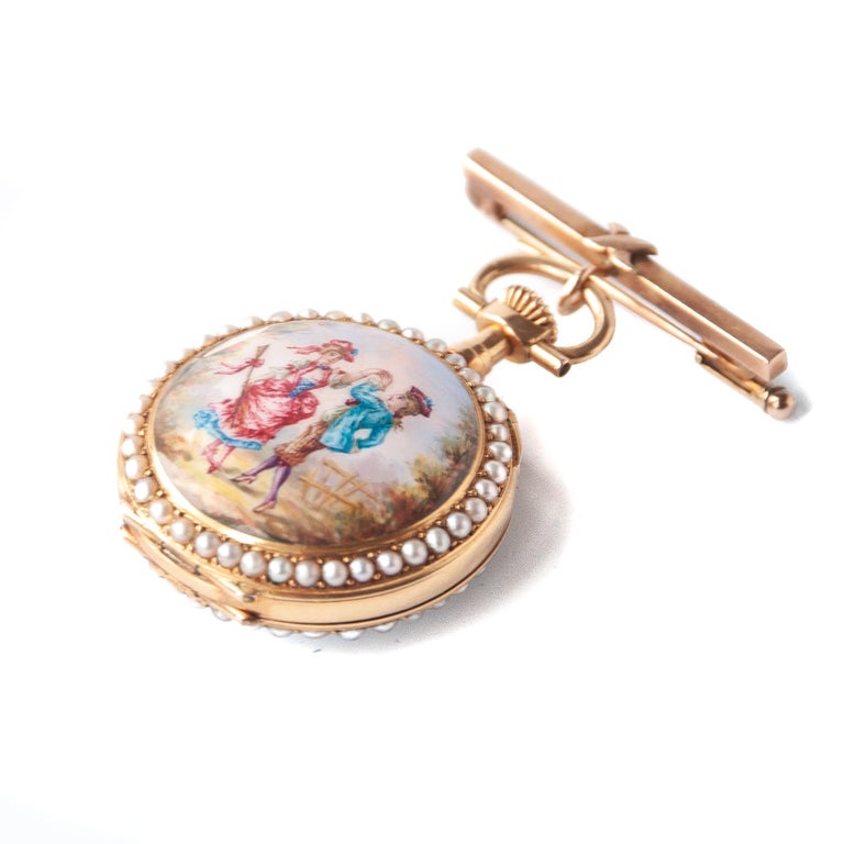 18 Karat Yellow Gold Pearls Enamel Ladies Pocket Watch at 1stDibs
