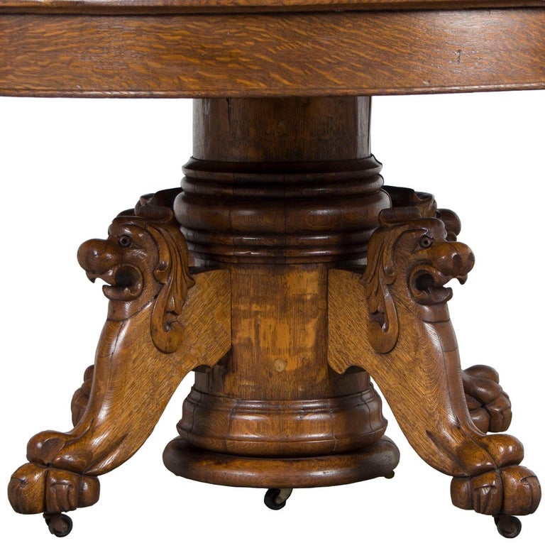 Victorian Period Carved Oak Lion Head Pedestal Oval Dining Table at 1stDibs
