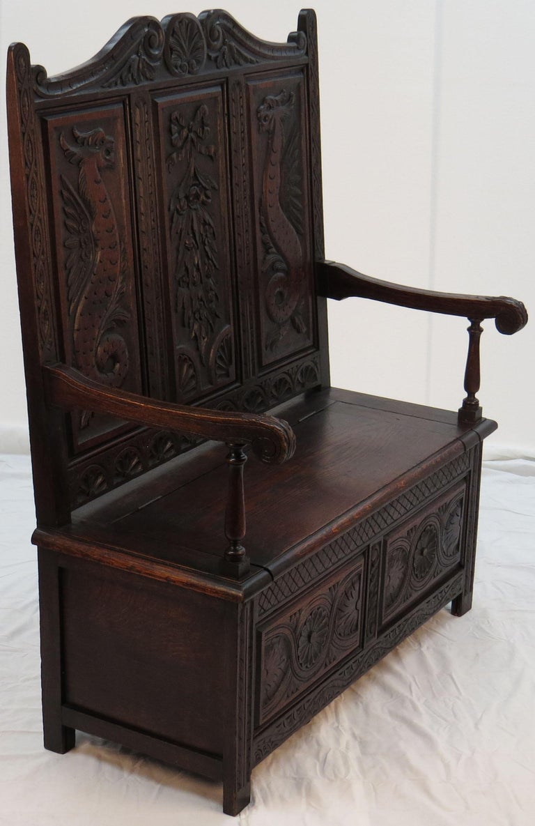 Victorian Period Carved Oak Tall Bach Bench Settle with Seat Storage ...