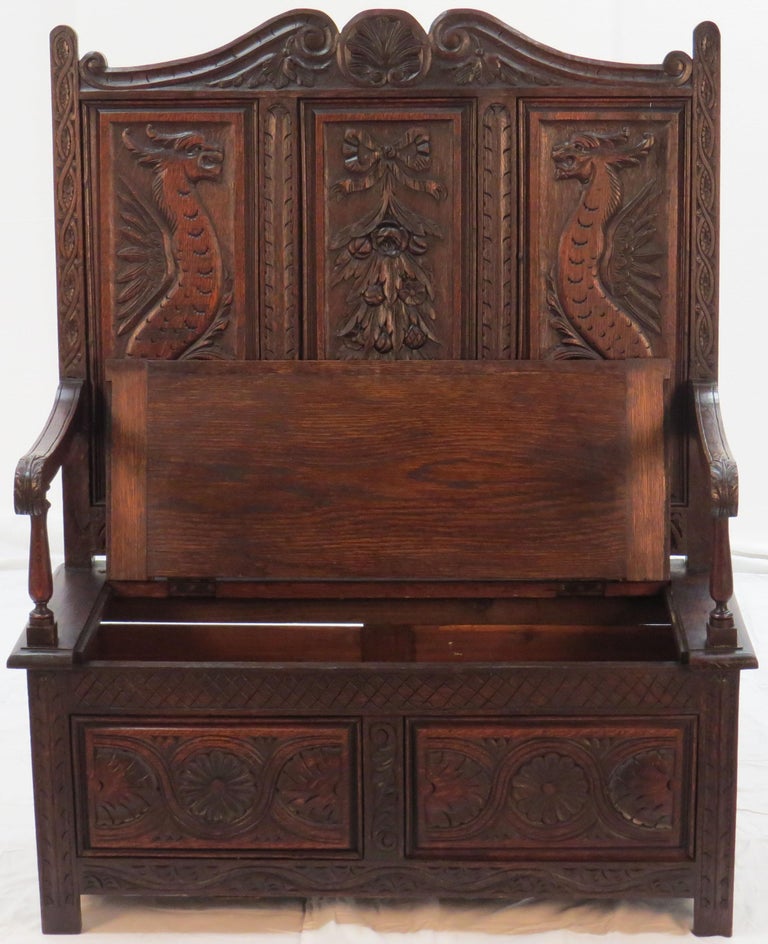Victorian Period Carved Oak Tall Bach Bench Settle with Seat Storage ...