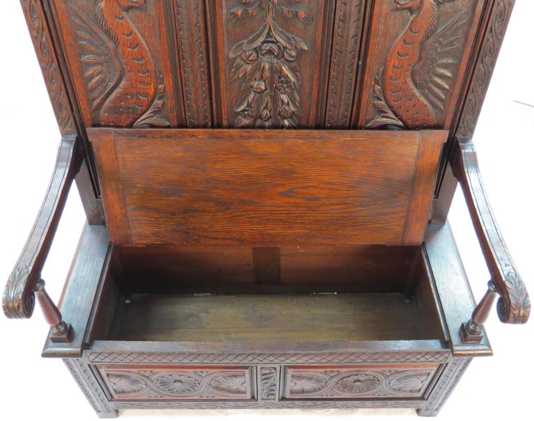 Victorian Period Carved Oak Tall Bach Bench Settle with Seat Storage ...