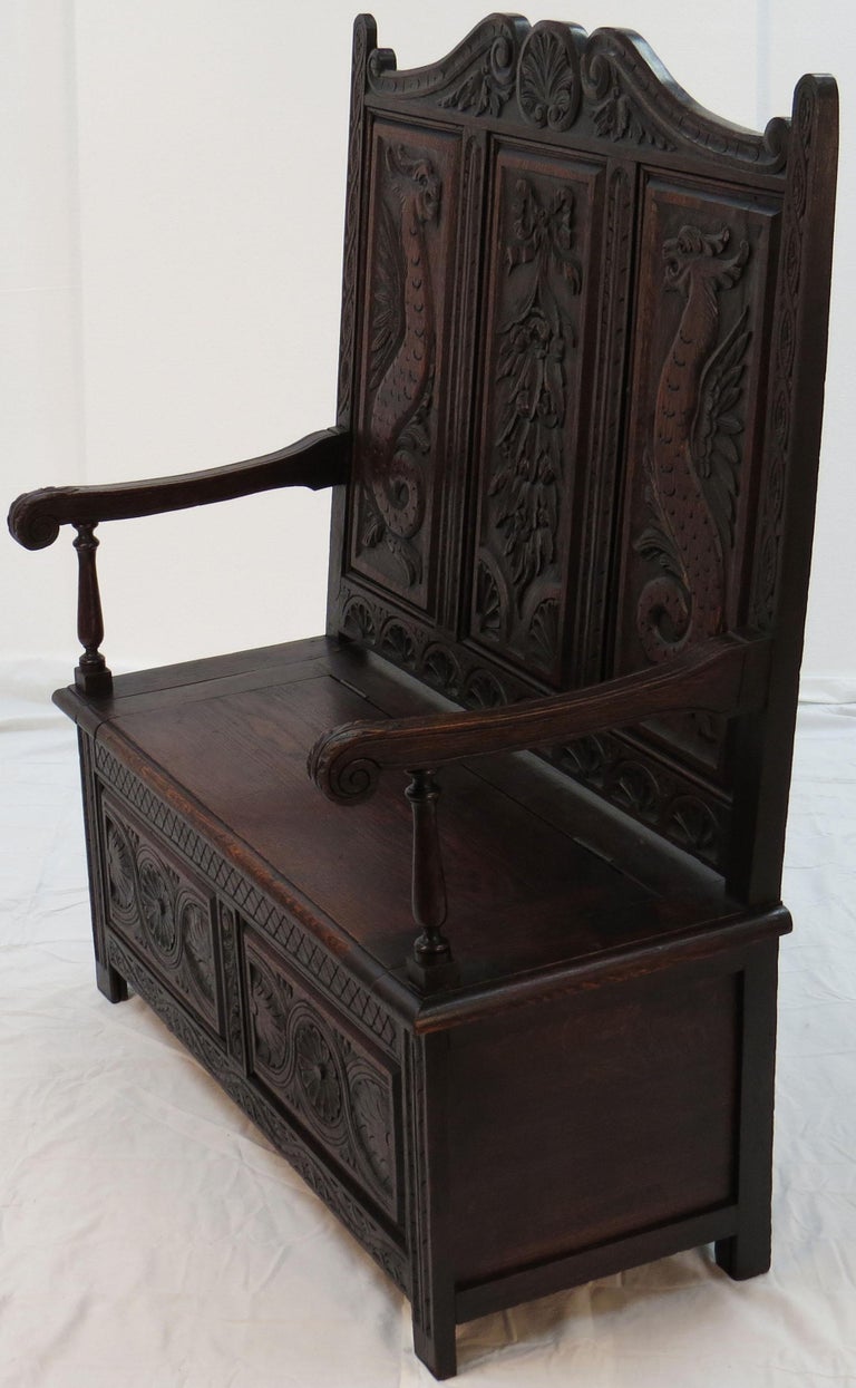 Victorian Period Carved Oak Tall Bach Bench Settle with Seat Storage ...