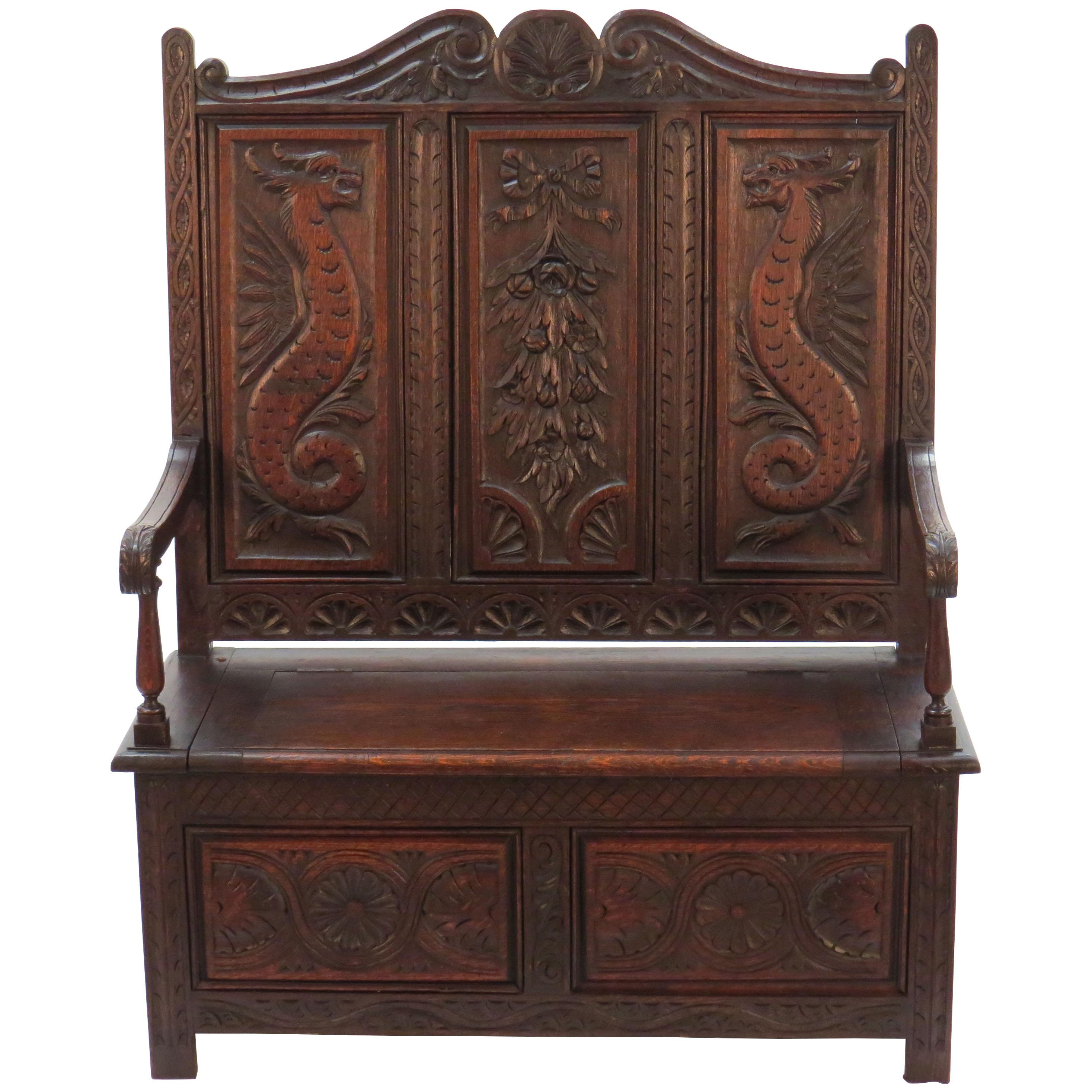 Victorian Period Carved Oak Tall Bach Bench Settle with Seat Storage ...