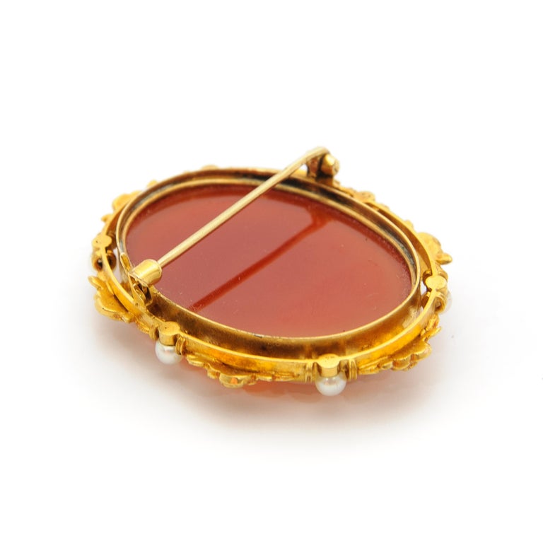 Victorian Pink Shell Cameo Cultured Pearls 14 Karat Yellow Gold Brooch ...