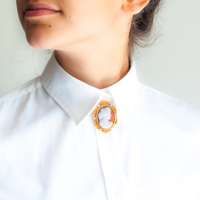 Victorian Pink Shell Cameo Cultured Pearls 14 Karat Yellow Gold Brooch ...