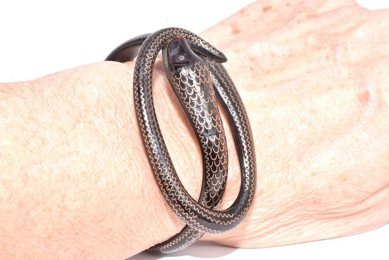 Victorian Pique Hinged Snake Bangle Inlaid with Gold Scales at 1stDibs