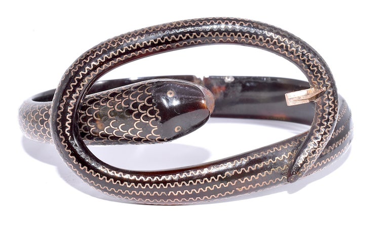 Victorian Pique Hinged Snake Bangle Inlaid with Gold Scales at 1stDibs
