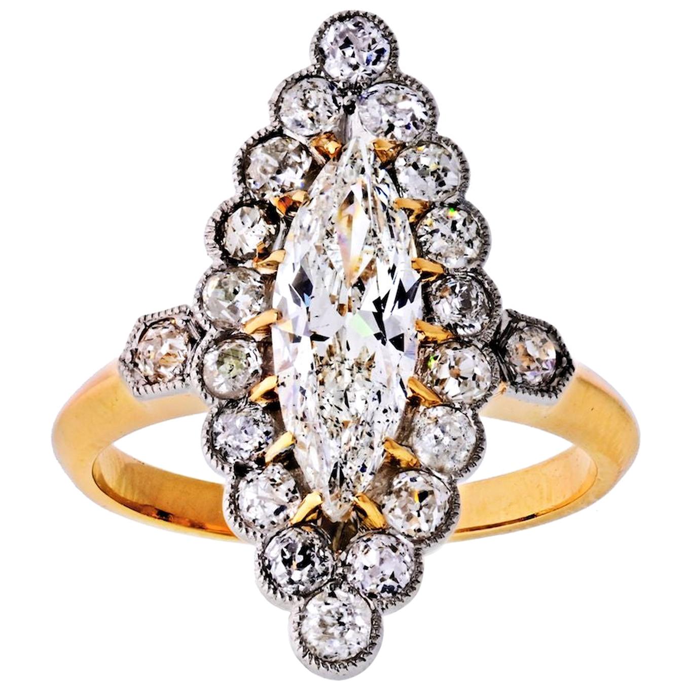 Victorian 18 Karat Gold Opal and Diamond Navette Ring at 1stDibs