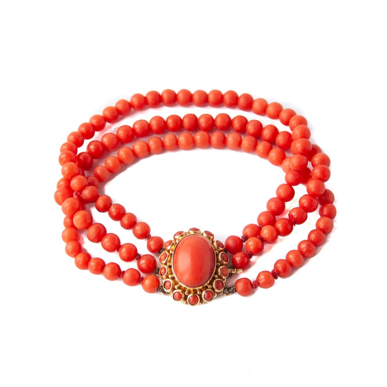 14K Gold Red Coral Beaded Multi-Strand Bracelet For Sale at 1stDibs