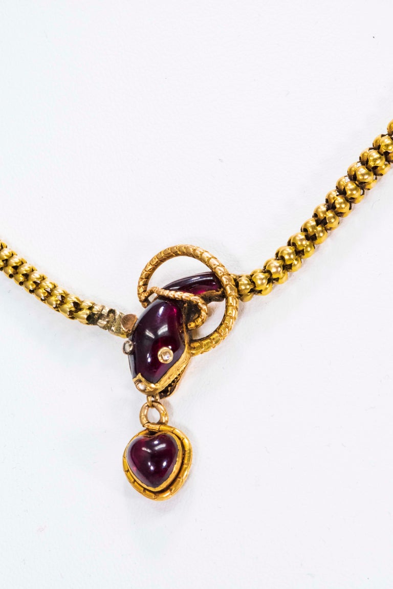 Victorian Red Garnet and Diamond Set, Gold Snake and Heart Pendant Form ...