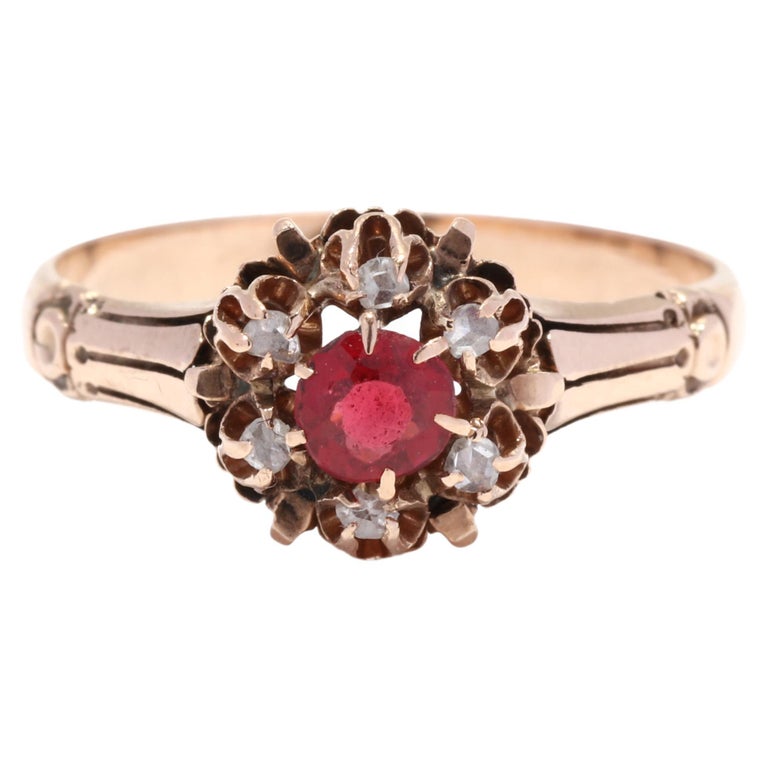 Victorian Red Stone Diamond Engagement Ring, 10KT Yellow Gold, Ring For ...