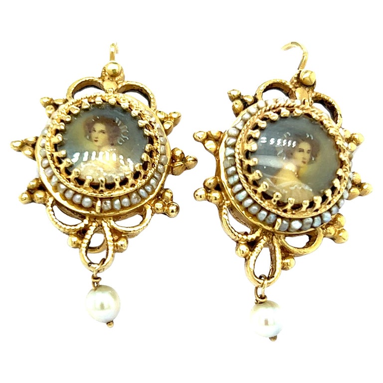 Victorian Reproduction Miniature Design Pearl Earrings in 14K Gold at ...