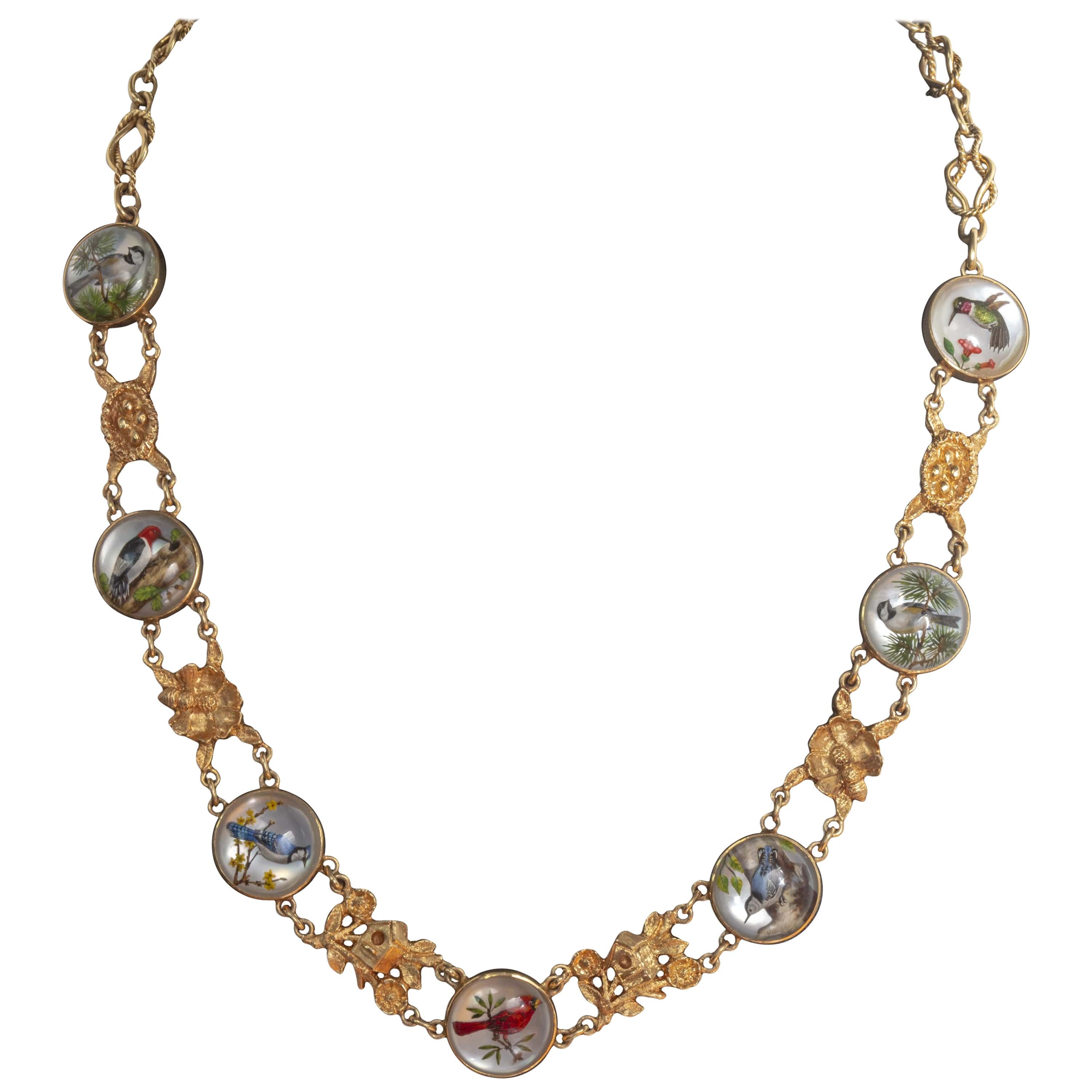 Victorian Reverse Essex Crystal Intaglio Bird Floral Motif Necklace For ...