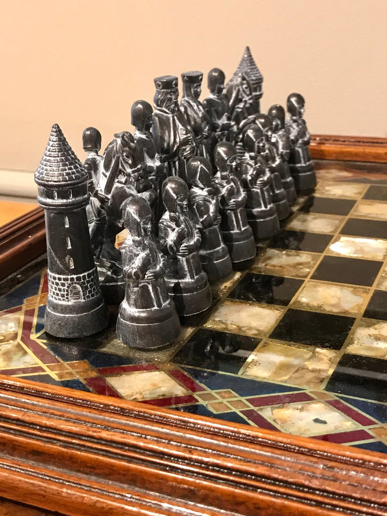 Victorian Reverse Painted Chess Board with Associated Chess Set at 1stDibs