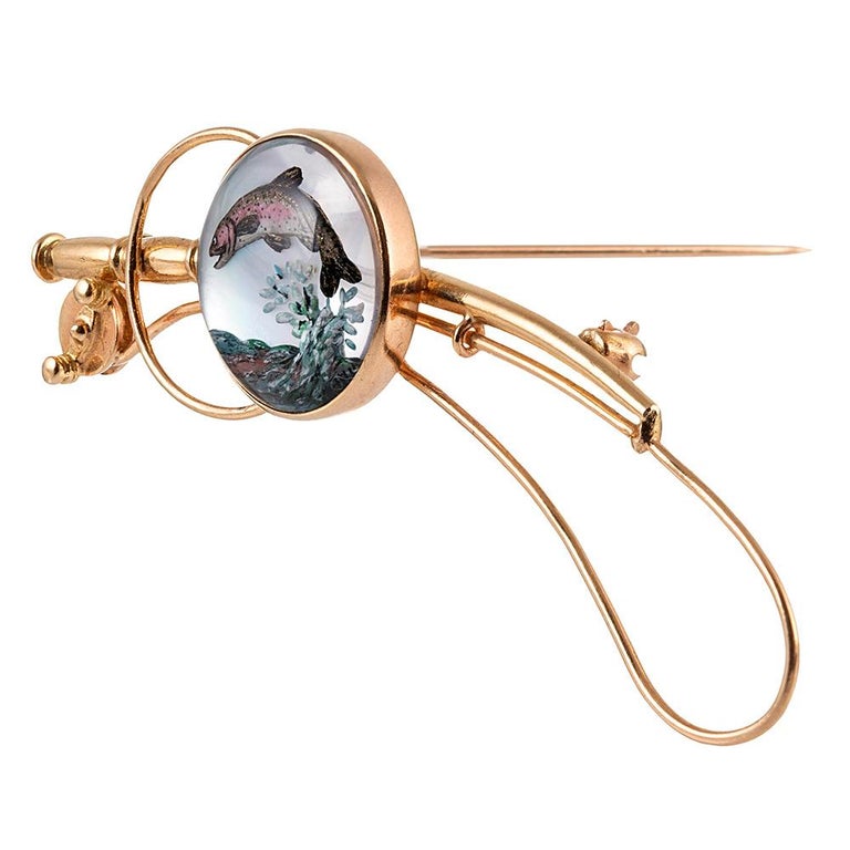 Victorian Reverse Painted Crystal Fly Fishing Pin For Sale at 1stDibs