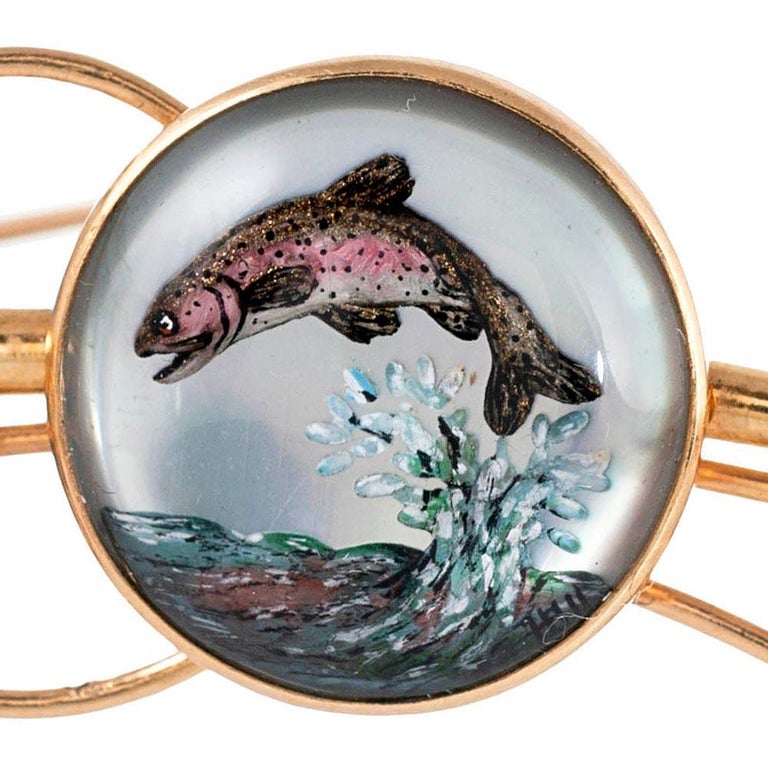 Victorian Reverse Painted Crystal Fly Fishing Pin For Sale at 1stDibs