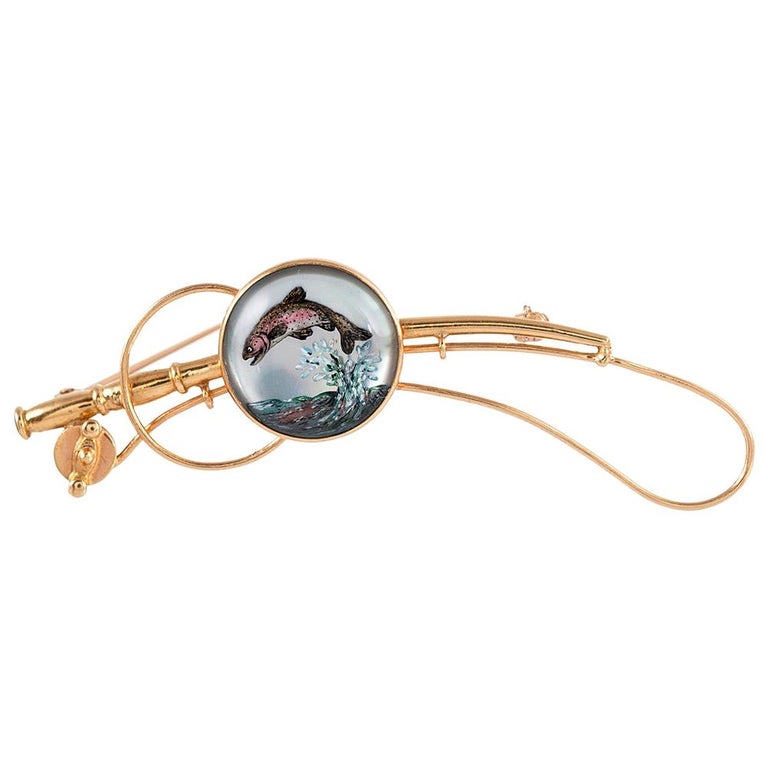 Victorian Reverse Painted Crystal Fly Fishing Pin For Sale at 1stDibs