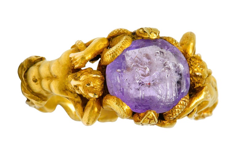 Victorian Roman Ancient Amethyst Intaglio 18 Karat Gold Men's Snake and ...