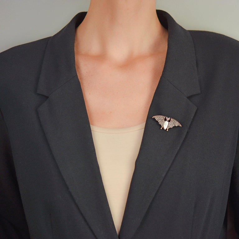 Victorian Rose Cut Diamond Natural Pearl and Ruby Bat Pin For Sale at ...