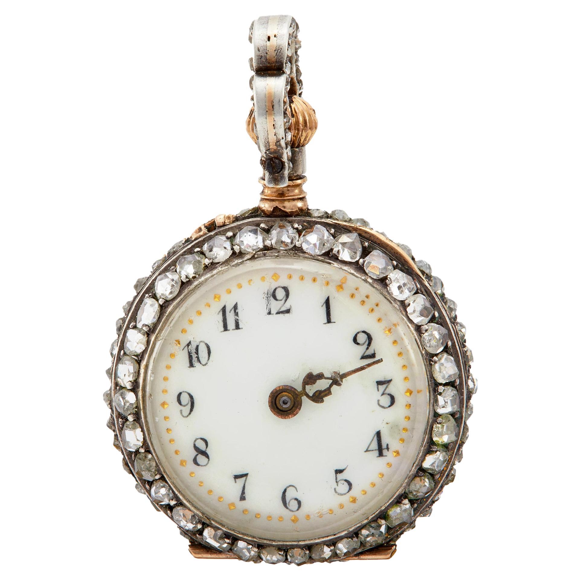 Victorian Rose Cut Diamond Silver 18k Rose Gold Pocket Watch Pendant ...