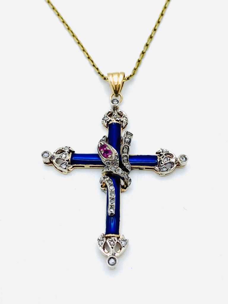 Victorian Rose Cut Diamonds, Ruby and Blue Enamel Cross Pendant Chain ...