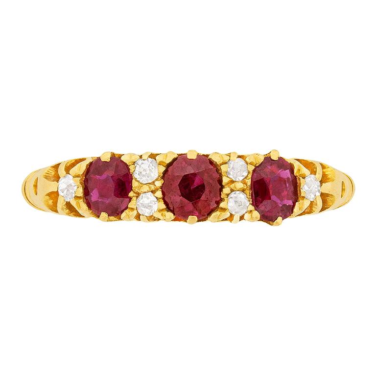 Victorian Ruby and Diamond Carved Shank Ring, circa 1900s at 1stDibs