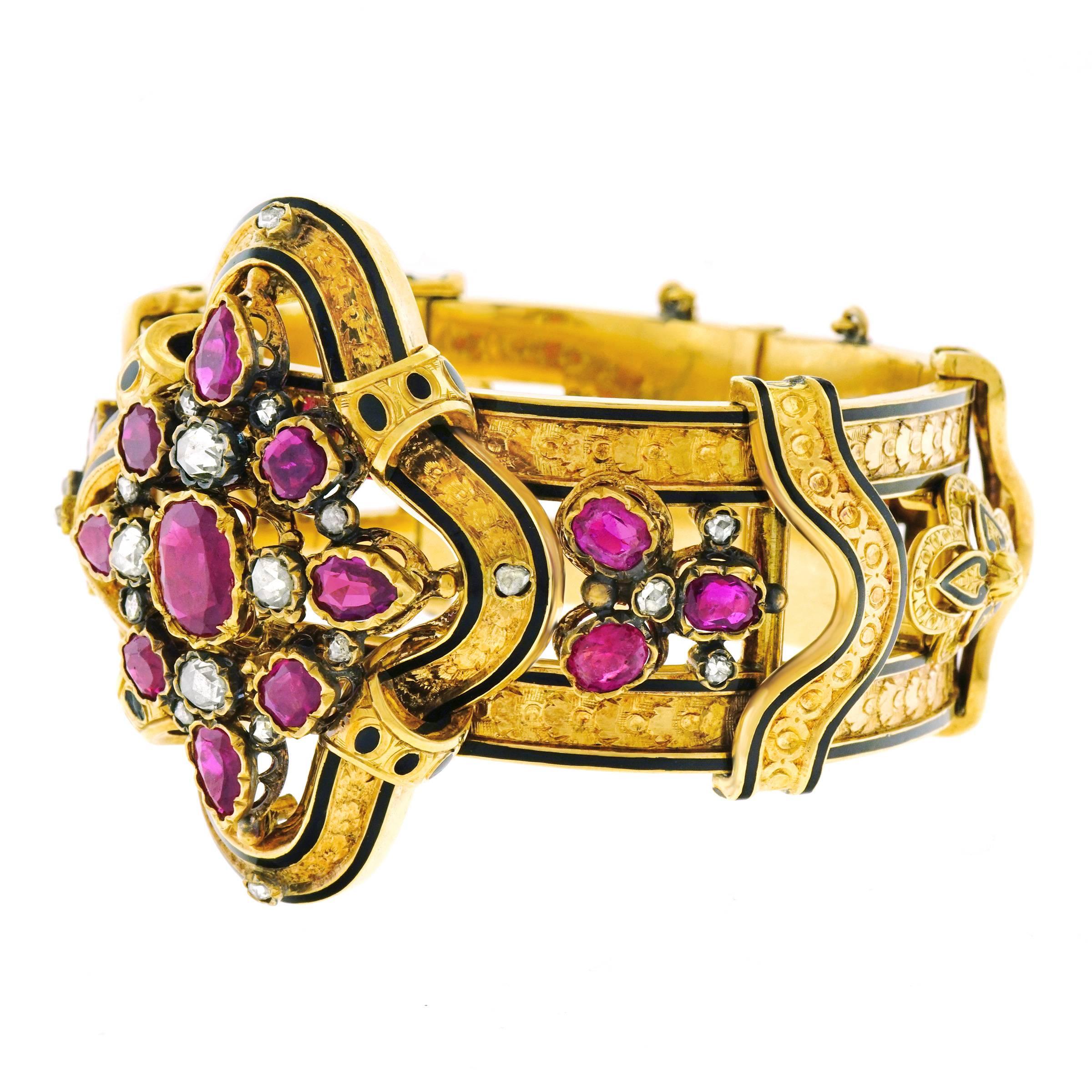 Victorian Ruby and Diamond Set Gold Bangle Bracelet For Sale at 1stDibs