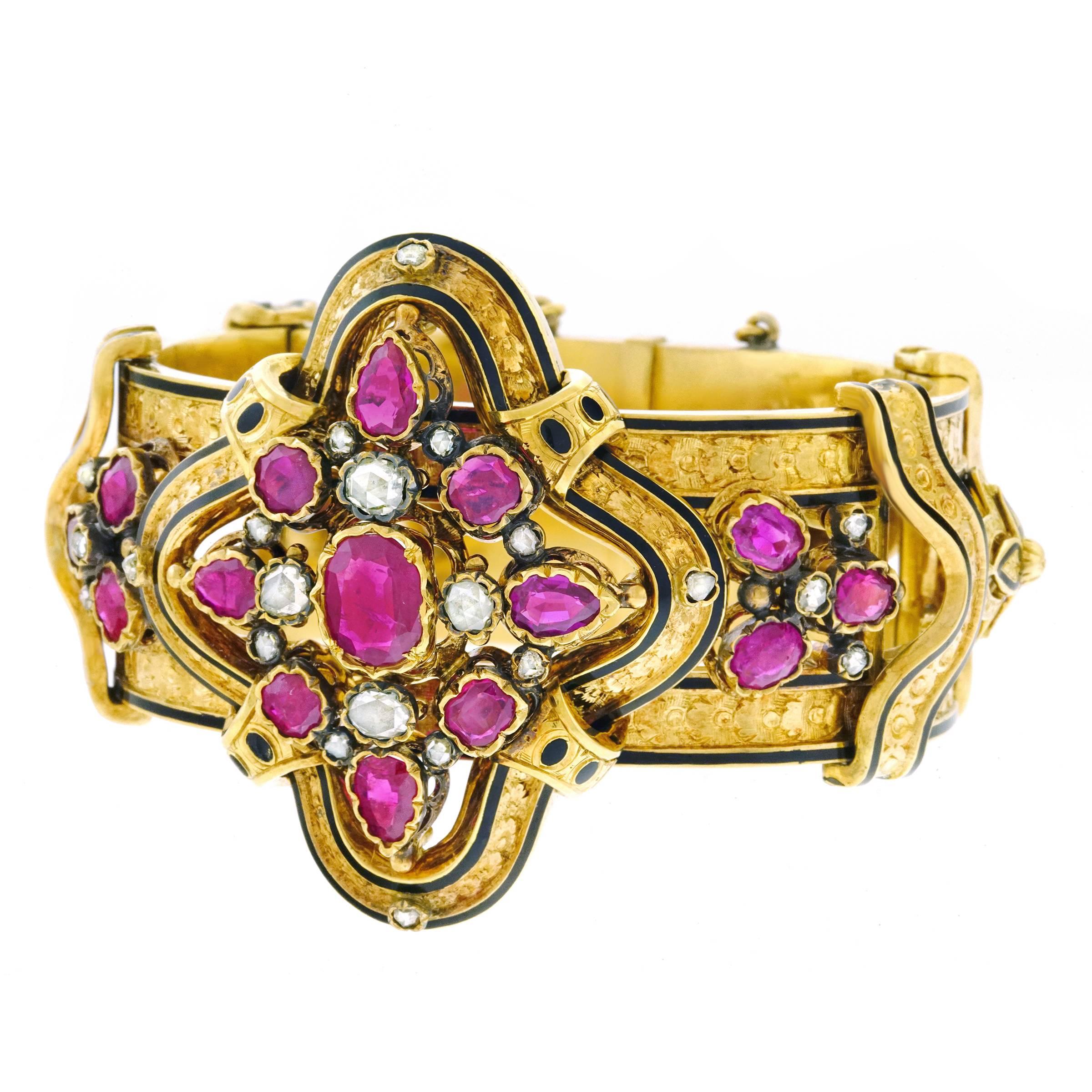 Victorian Ruby and Diamond Set Gold Bangle Bracelet For Sale at 1stDibs